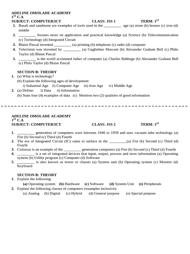 1st CA Jss Computer - Ict 1st Term 2024 | PDF | Operating System ...