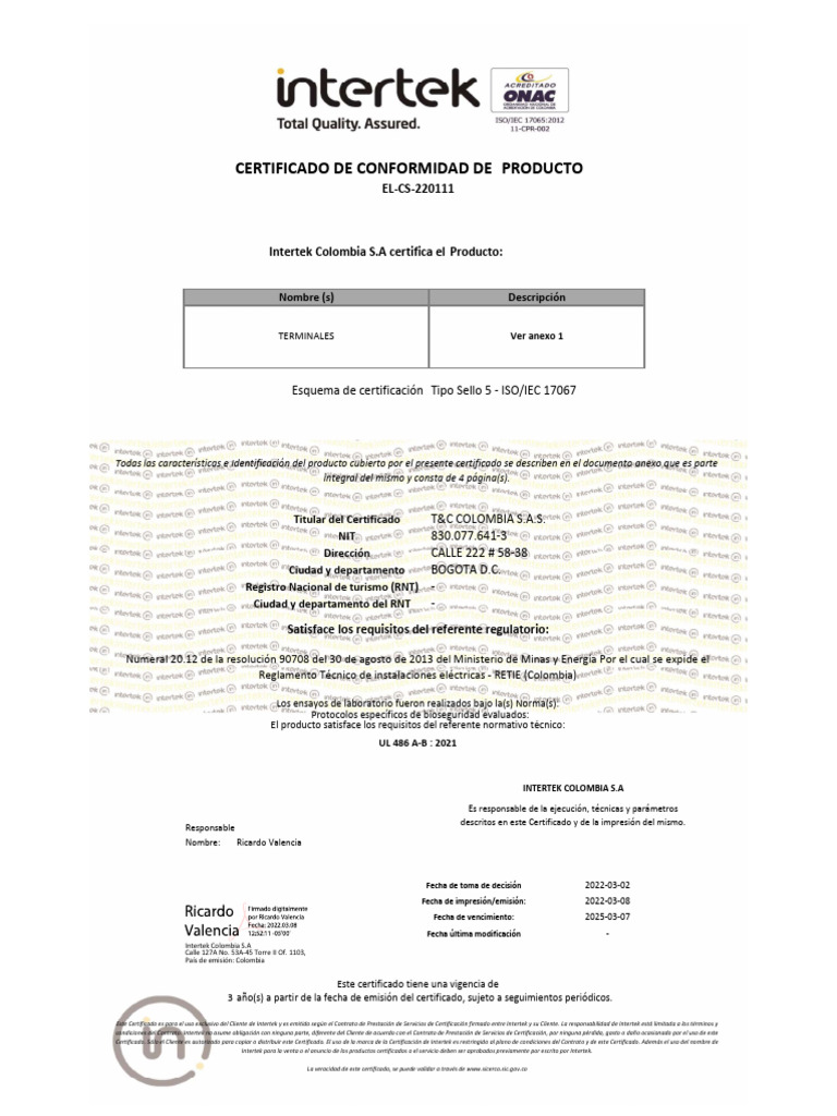 Certificado UL 486L Intertek Colombia | PDF | Arco iris | Color