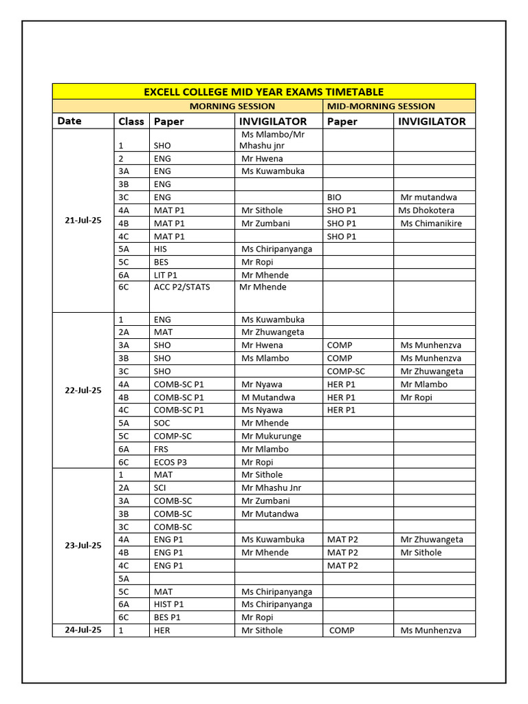 2025 Mid Year Exam Timetable | PDF