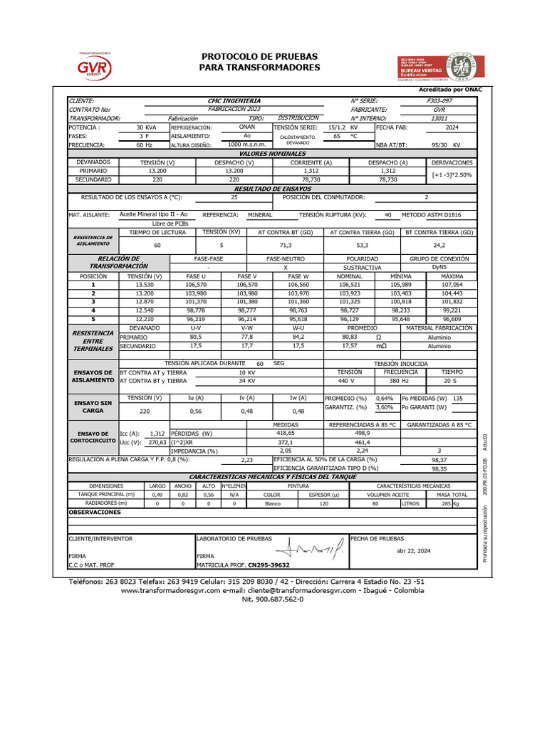 0. Protocolo Transformador f303 097 13011 Ok | PDF | Transformador | Electromagnetismo