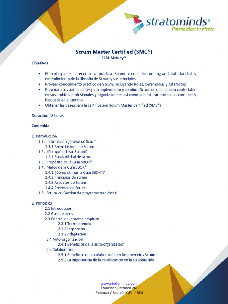 Temario 2025 SCRUM Master Certified SMC SCRUMStudy - Stratominds | PDF | Scrum (desarrollo de ...
