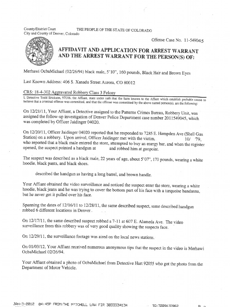 Merhawi Ocbamichael Arrest Affidavit | PDF