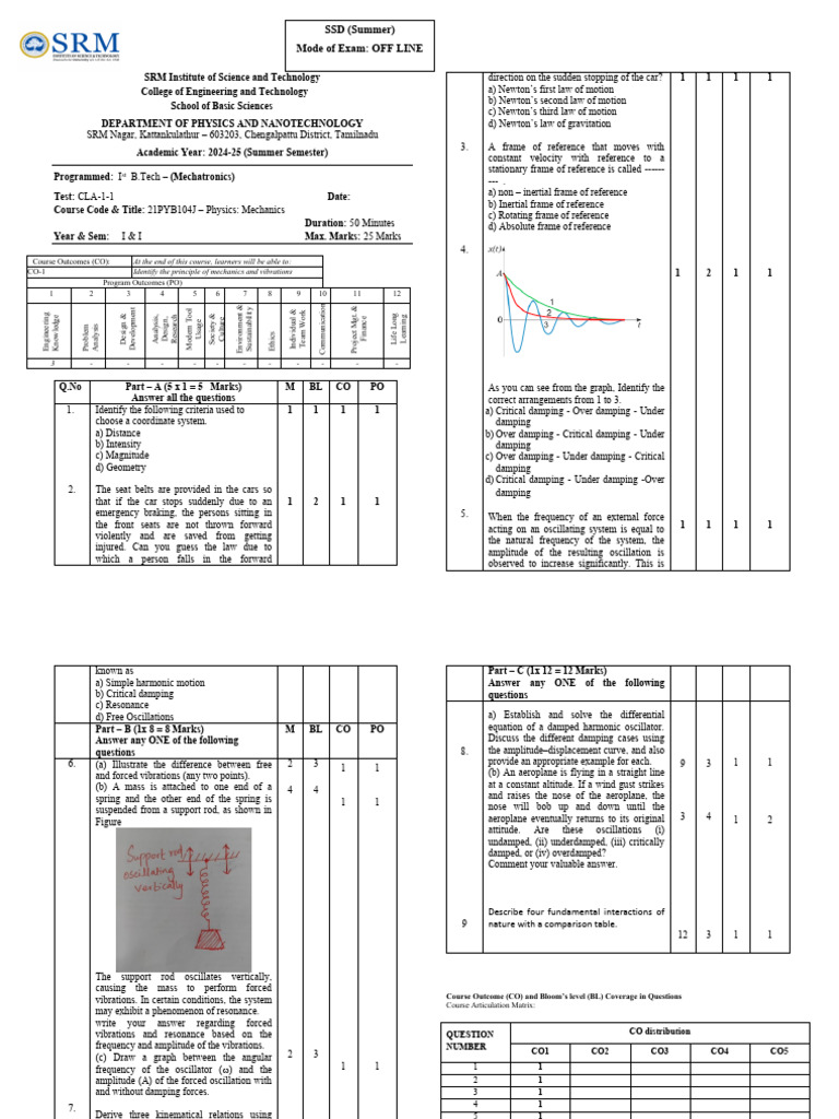 CT1-Question Paper - SSD-2025 | PDF | Damping | Oscillation