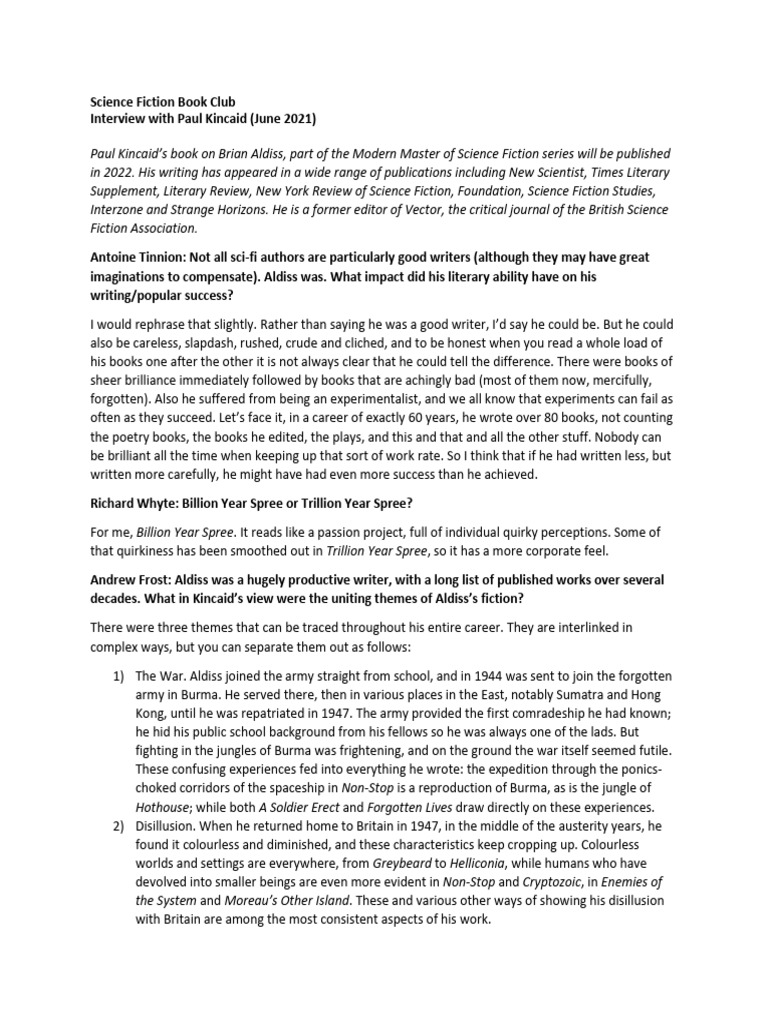 Interview About Brian Aldiss | PDF | Science Fiction