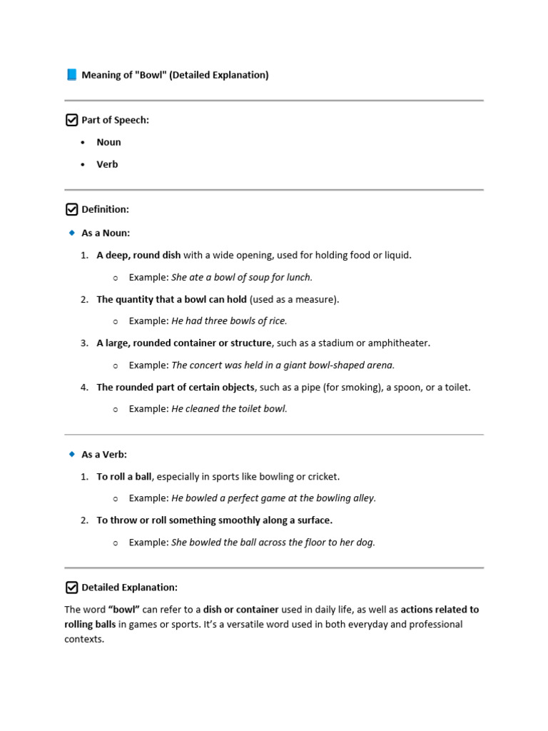 Meaning of Bowl (Detailed Explanation) | PDF | Verb | Linguistics