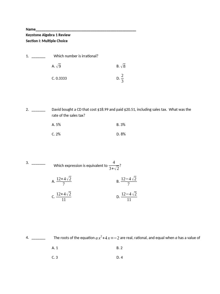Keystone Algebra 1 Review Guide | PDF | Square Root | Equations