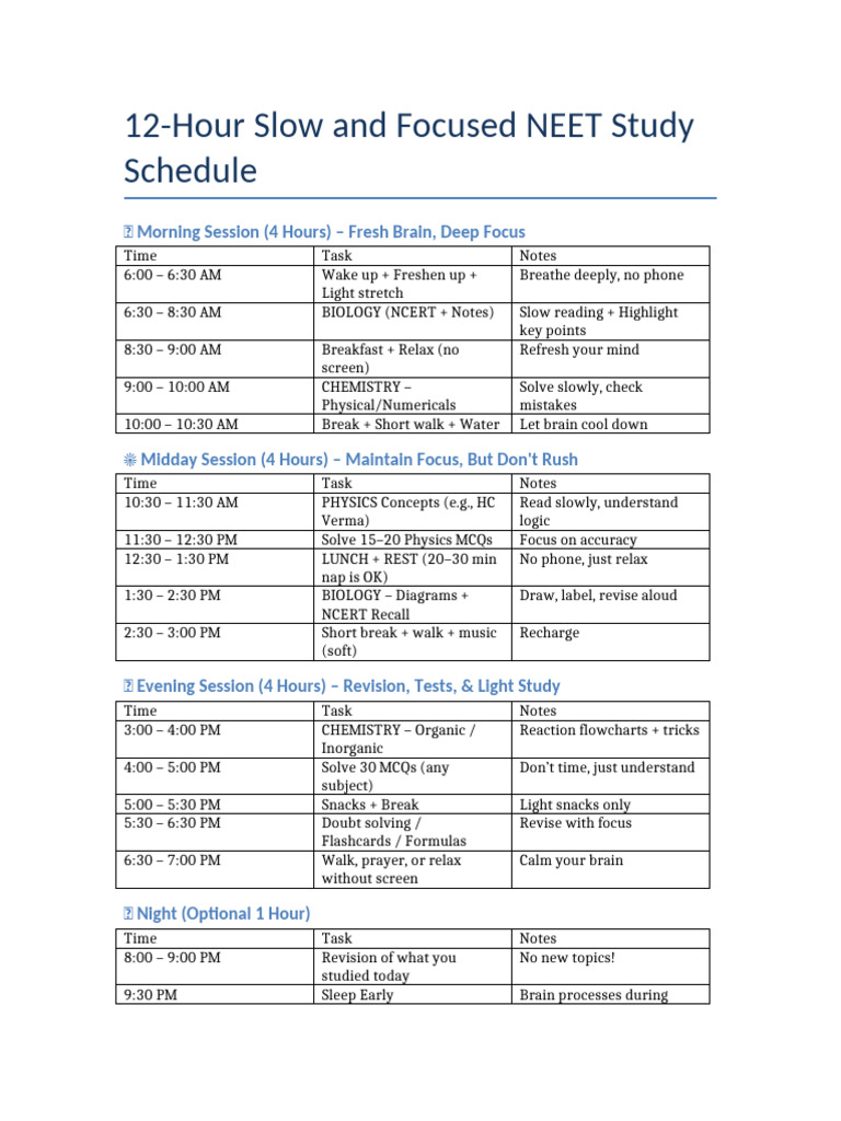 12-Hour NEET Study Schedule | PDF