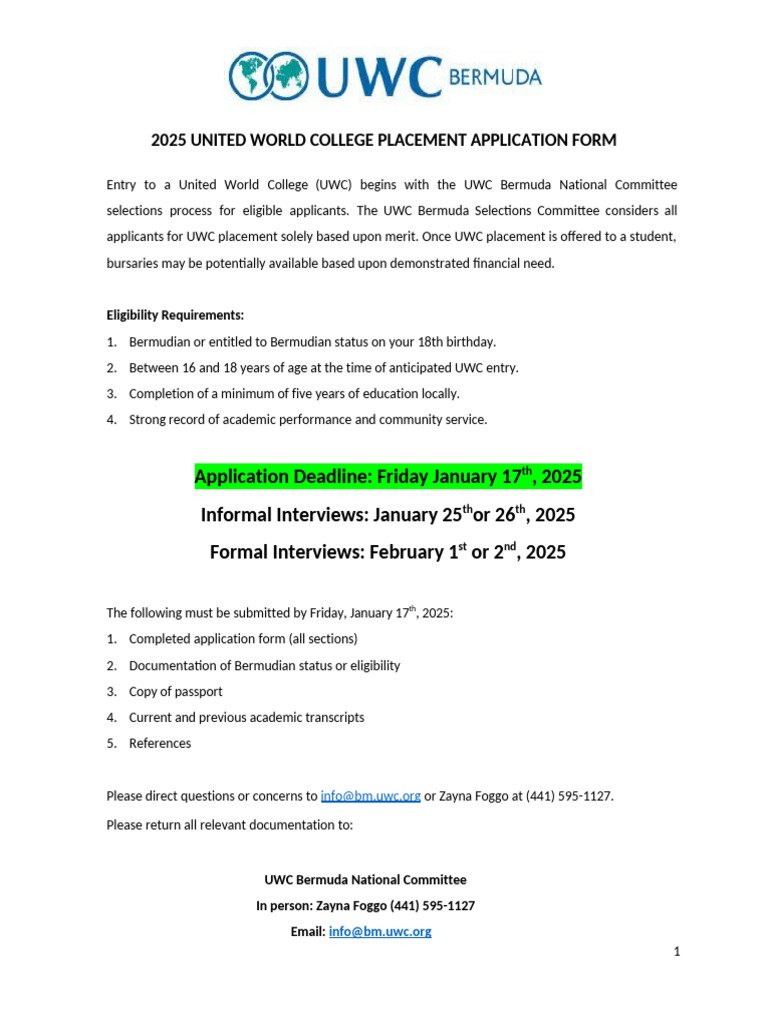 UWC Bermuda Placement Application 2025 | PDF