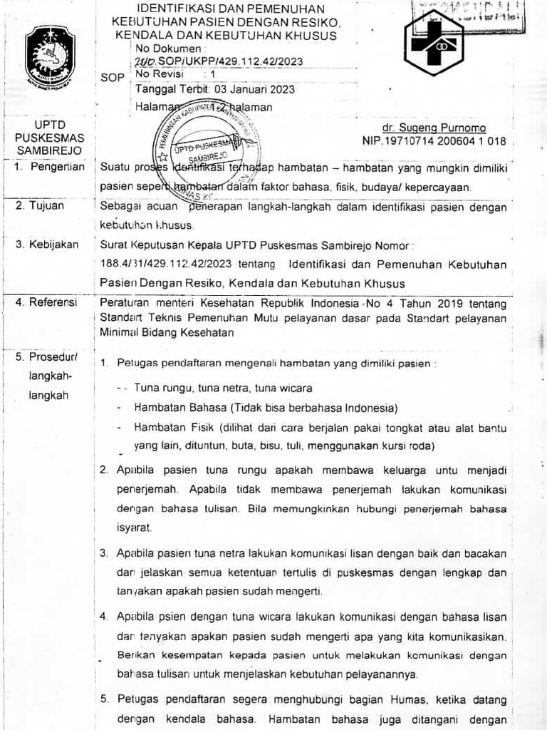 Sop Identifikasi Dan Pemenuhan Kebutuhan Pasien Dengan Resiko, Kendala Dan Kebutuhan Khusus | PDF