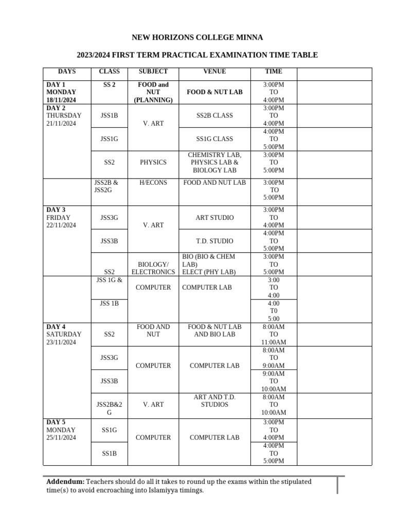 1st Term Practical Time Table (REG COPY) | PDF