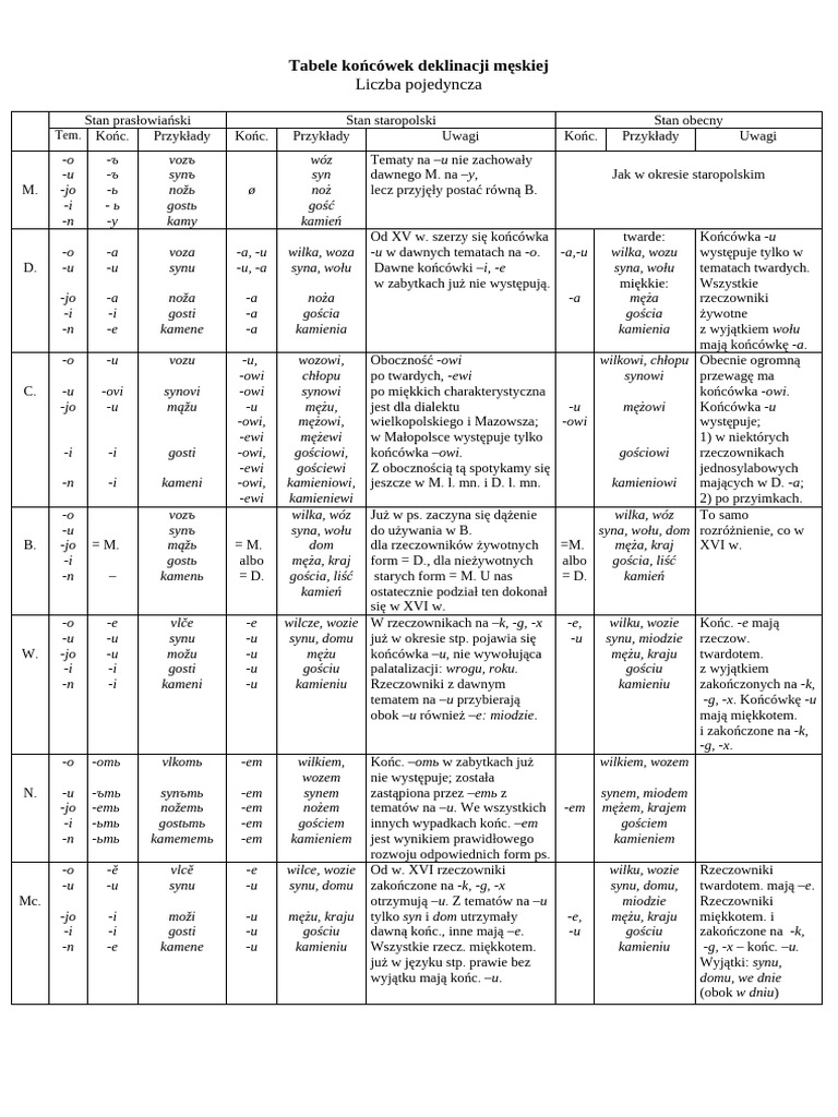Tabele Końcówek Deklinacji Rzeczowników | PDF
