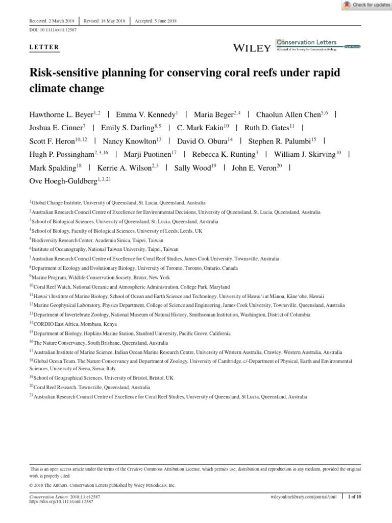 Conservation Letters - 2018 - Beyer - Risk Sensitive Planning For Conserving Coral Reefs Under ...