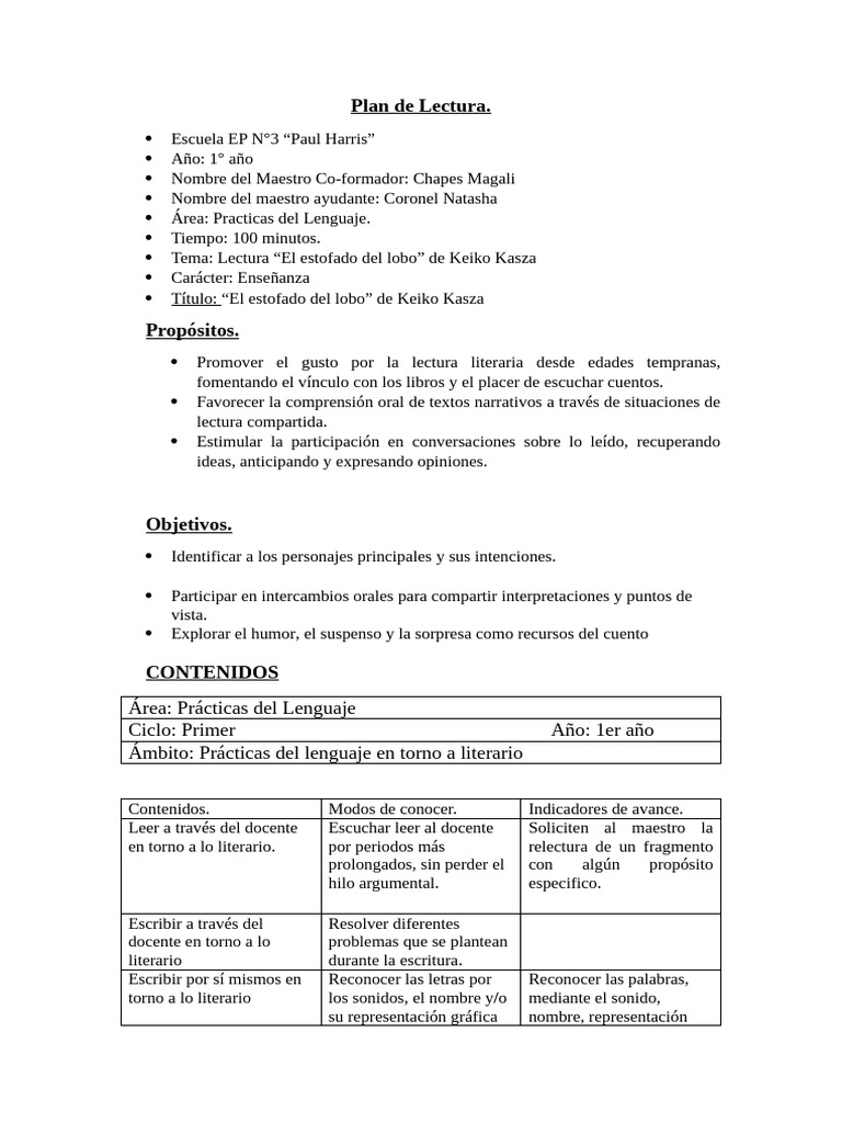 Plan de Lectura El Estofado Del Lobo | PDF | Aprendizaje