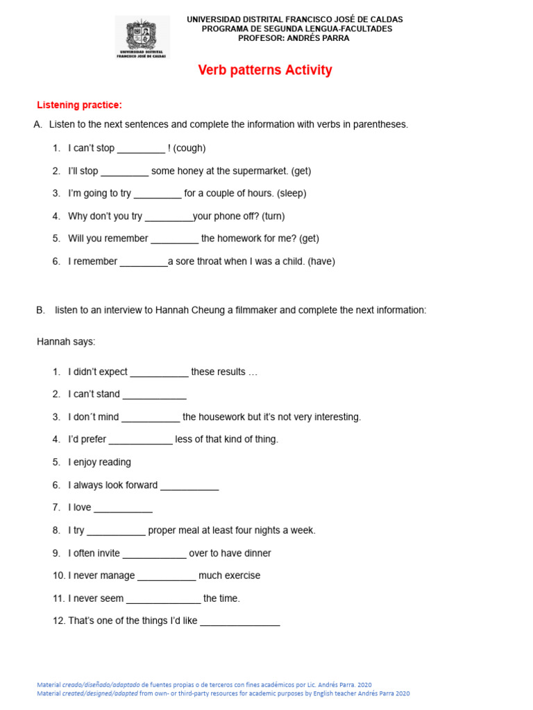 H. Verb Patterns Activity | PDF | Linguistics