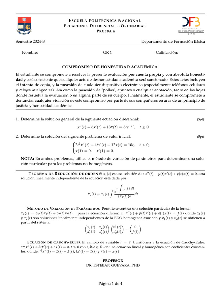Correccion Prueba 4 EDO 2024B | PDF | Ecuaciones | Ecuaciones diferenciales
