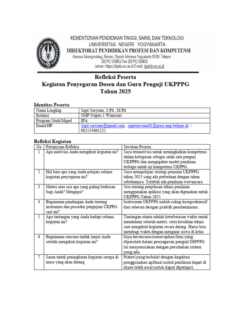 Form - Refleksi - Penyegaran UKPPPG - 2025 - SIgit Suryono - SMP - IPA | PDF