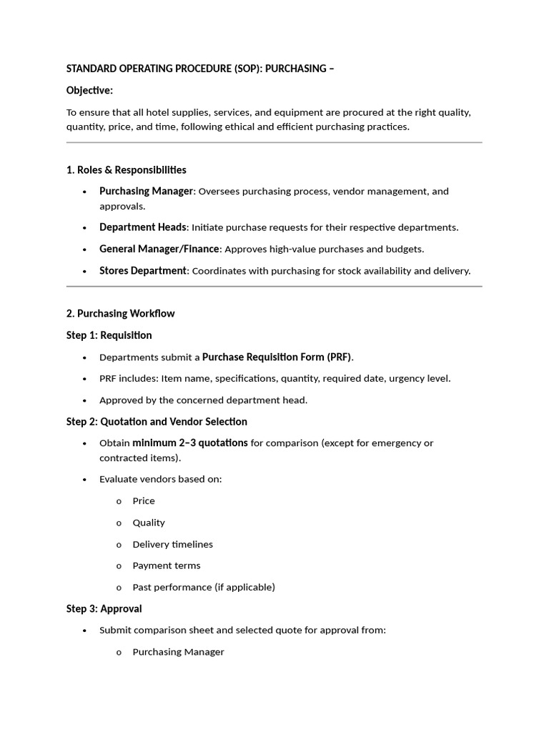 Hotel Purchasing SOP Overview | PDF | Procurement | Business