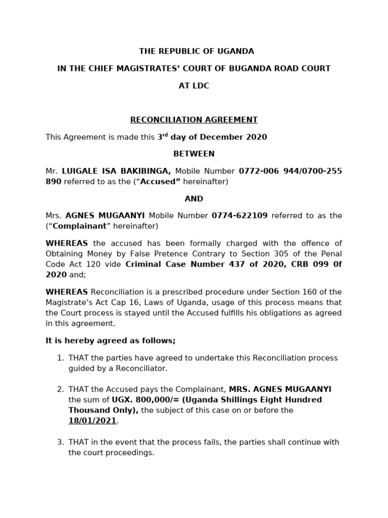 Uganda Court Reconciliation Agreement | PDF | Magistrate | Government