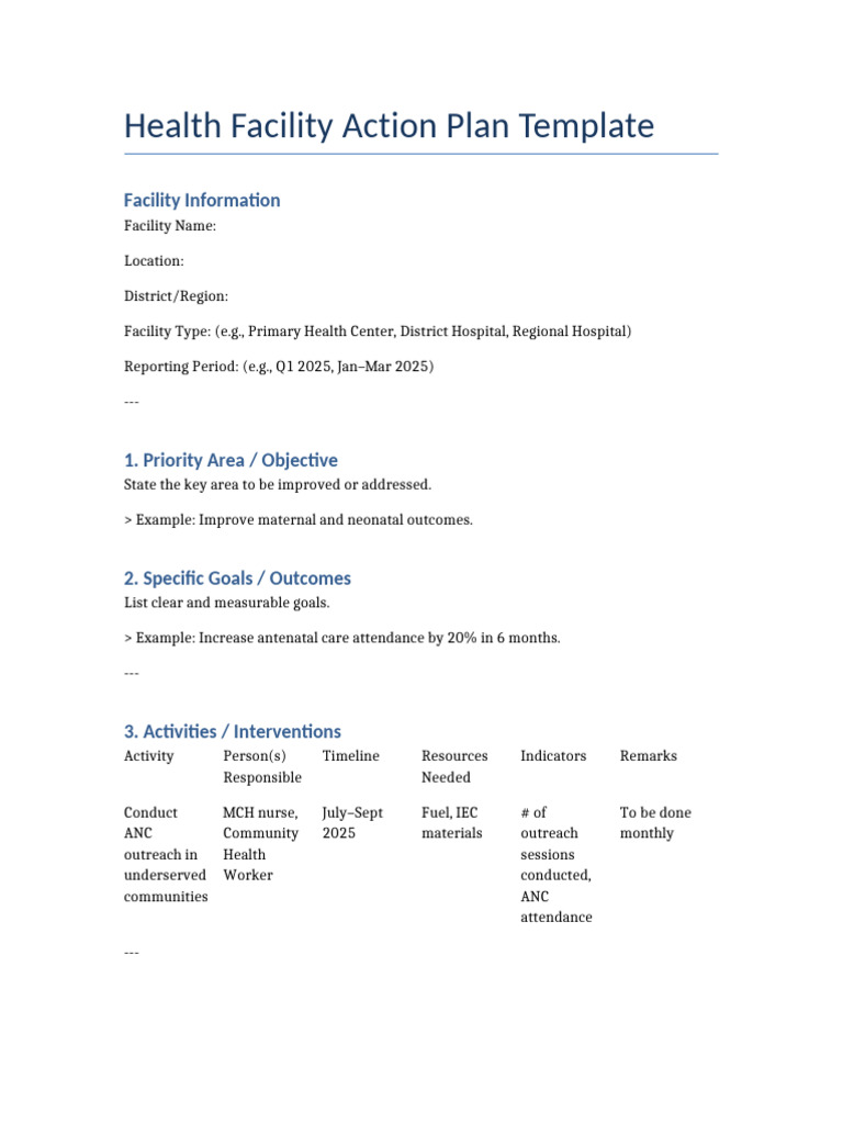 Health Facility Action Plan Template | PDF | Social Programs | Health Care