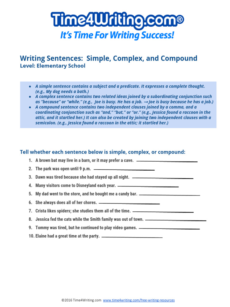 Printable WritingSentences SimpleComplexCompound ES | PDF