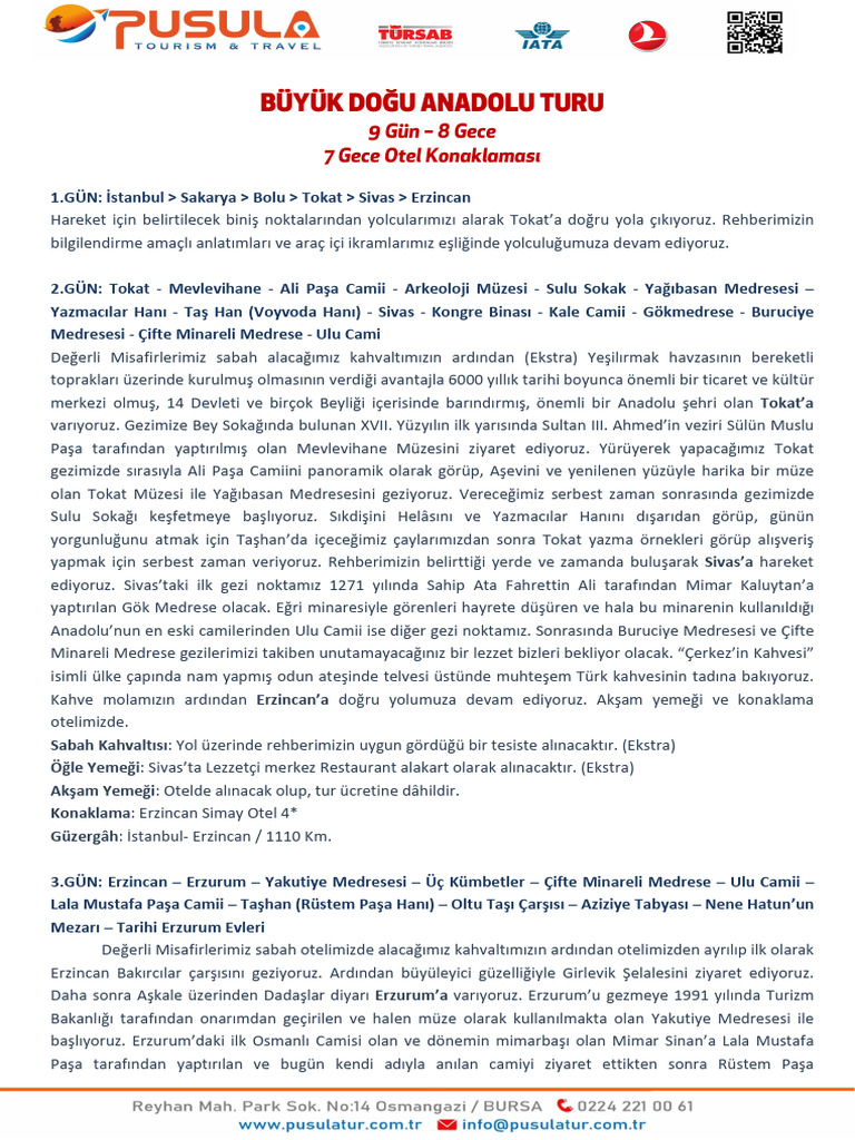 Dogu Anadolu Turu Programi 2022 8 Gece 9 Gun Pusula Turizm | PDF