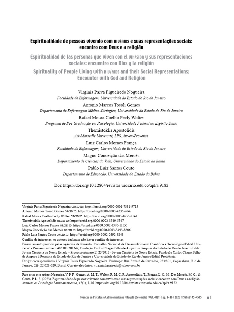 Espiritualidade de Pessoas Vivendo Com HIV AIDS e Suas Representações ...