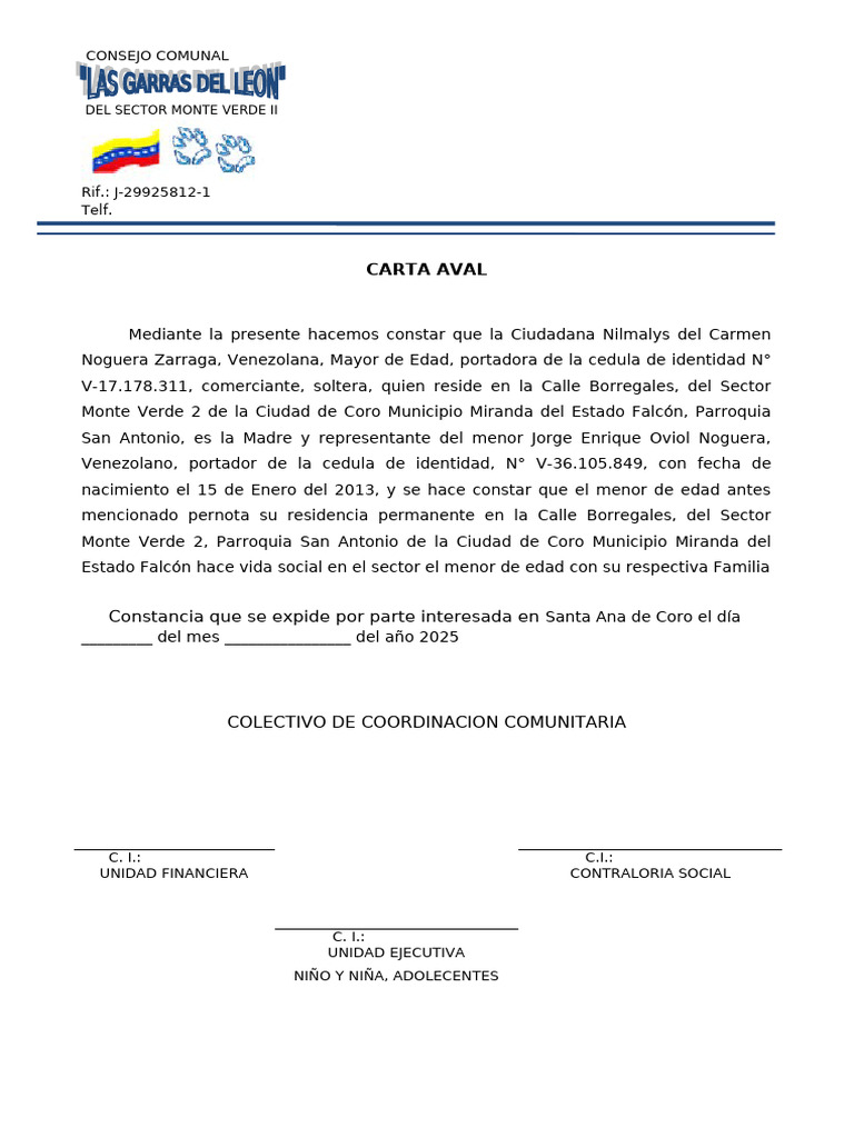 Carta Aval Consejo Comunal Monte Verde 2 | PDF
