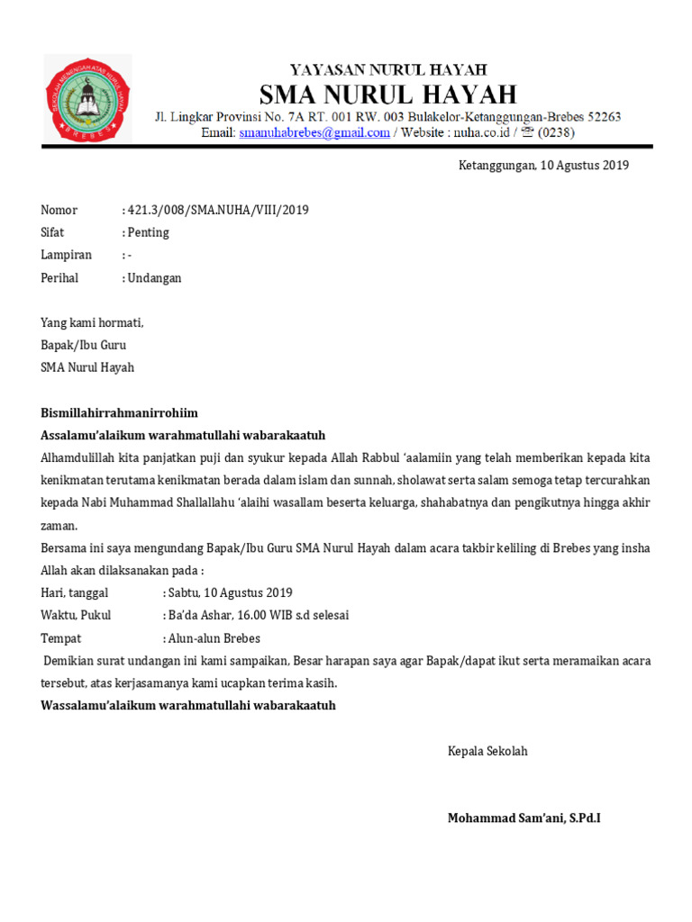 008 - Surat Undangan Guru Acara Kegiatan Takbir Keliling | PDF