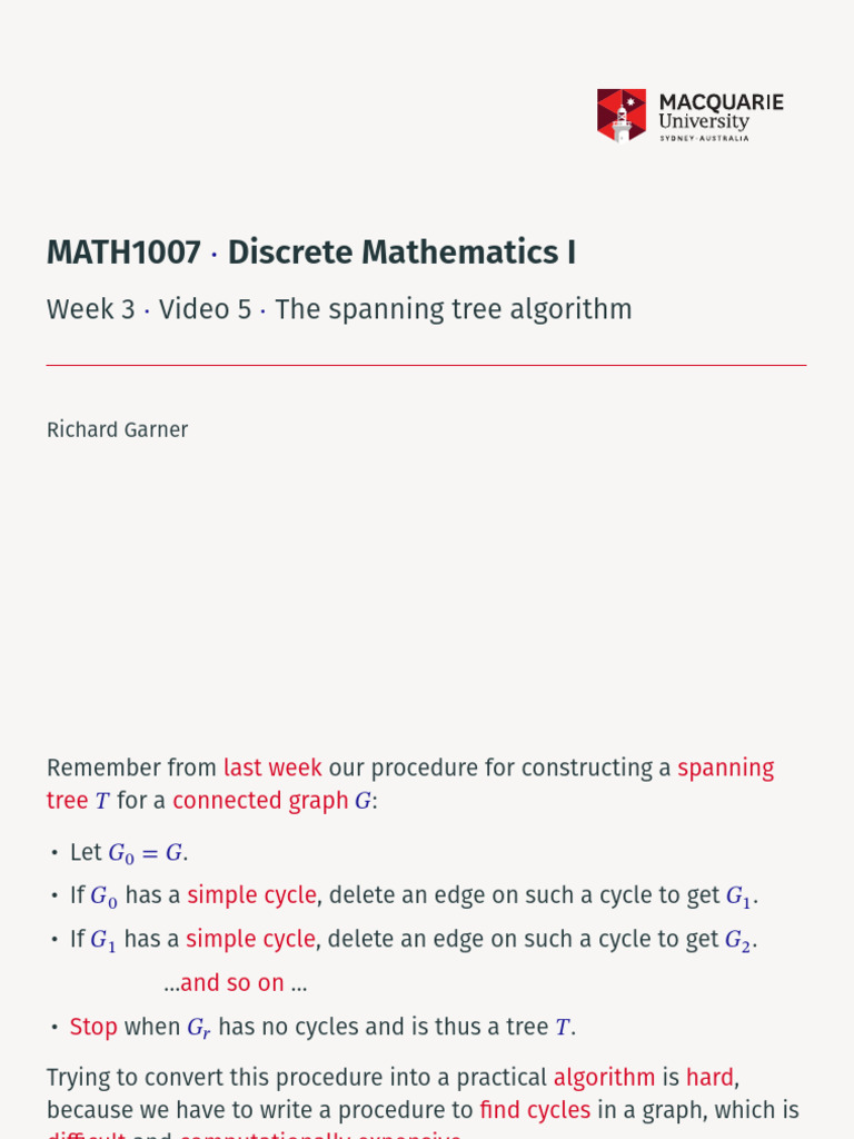 Math1007 Week3 Video5 Spanning Tree Algorithm | PDF