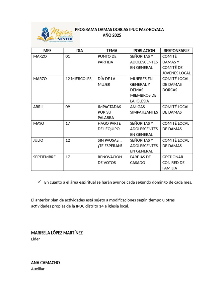 Programa Damas Dorcas Ipuc Paez 2025 | PDF