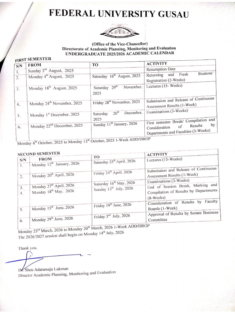 Senate Approved Ug Calendar - 25 - 26 Acad. Session | PDF