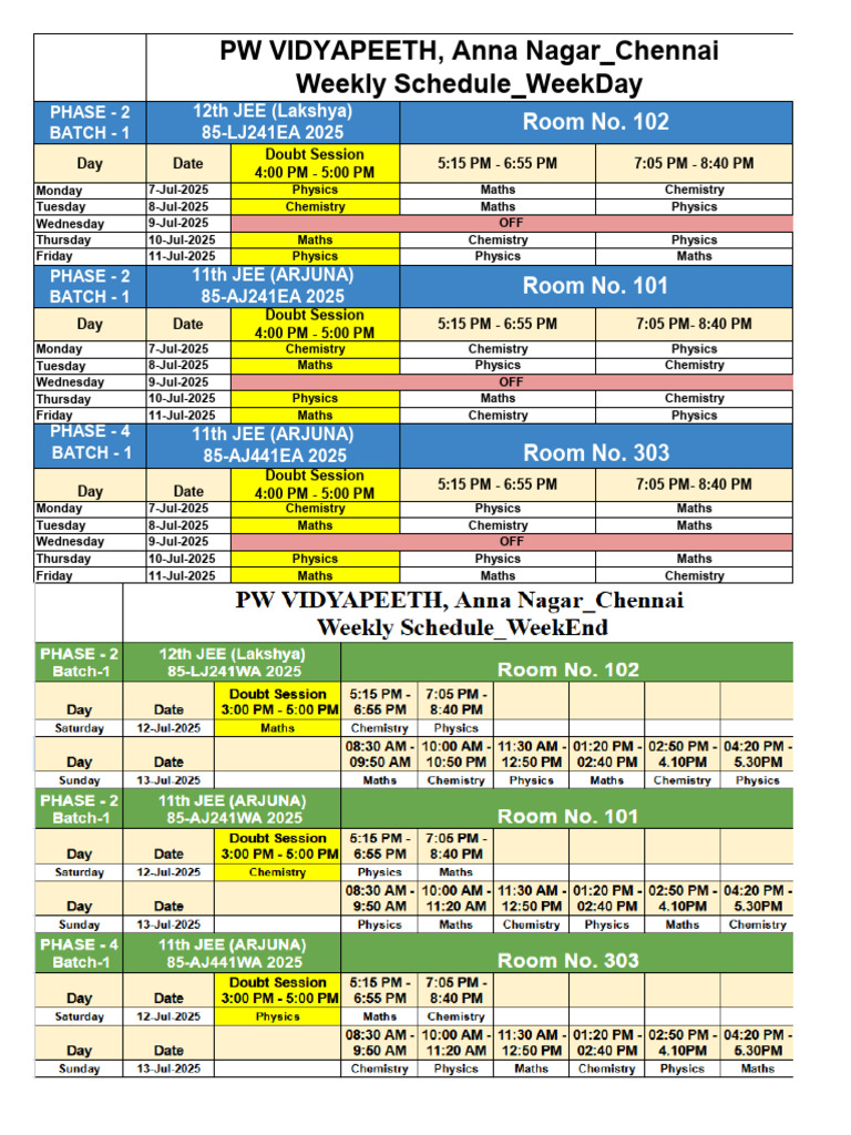 Annanagar JEE Timetable 7july 13july | PDF