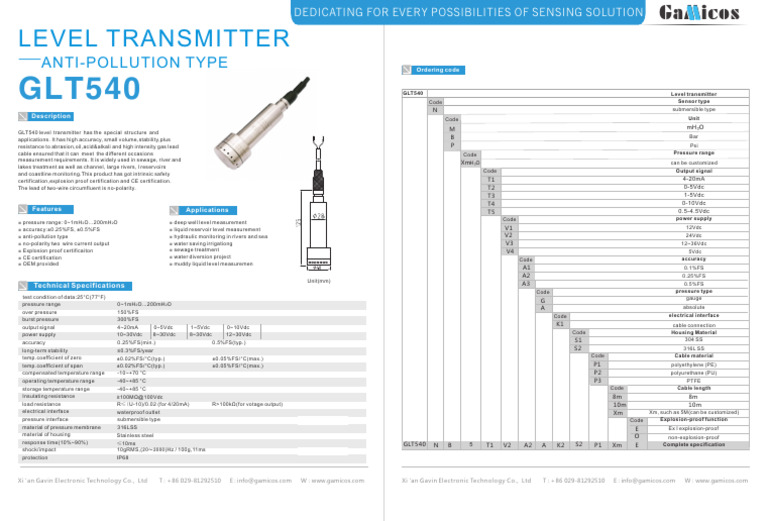 GLT540 Pollution Protection Liquid Level Transmitter | PDF