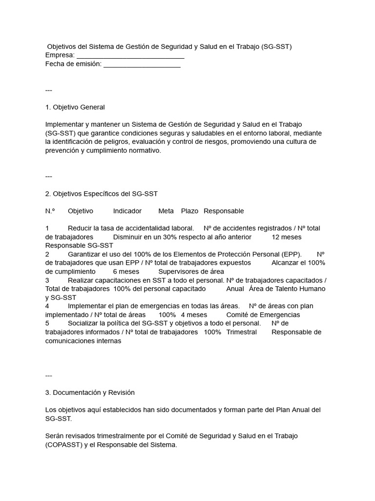 Objetivos Del Sistema de Gestión de Seguridad y Salud en El Trabajo (SG-SST) | PDF