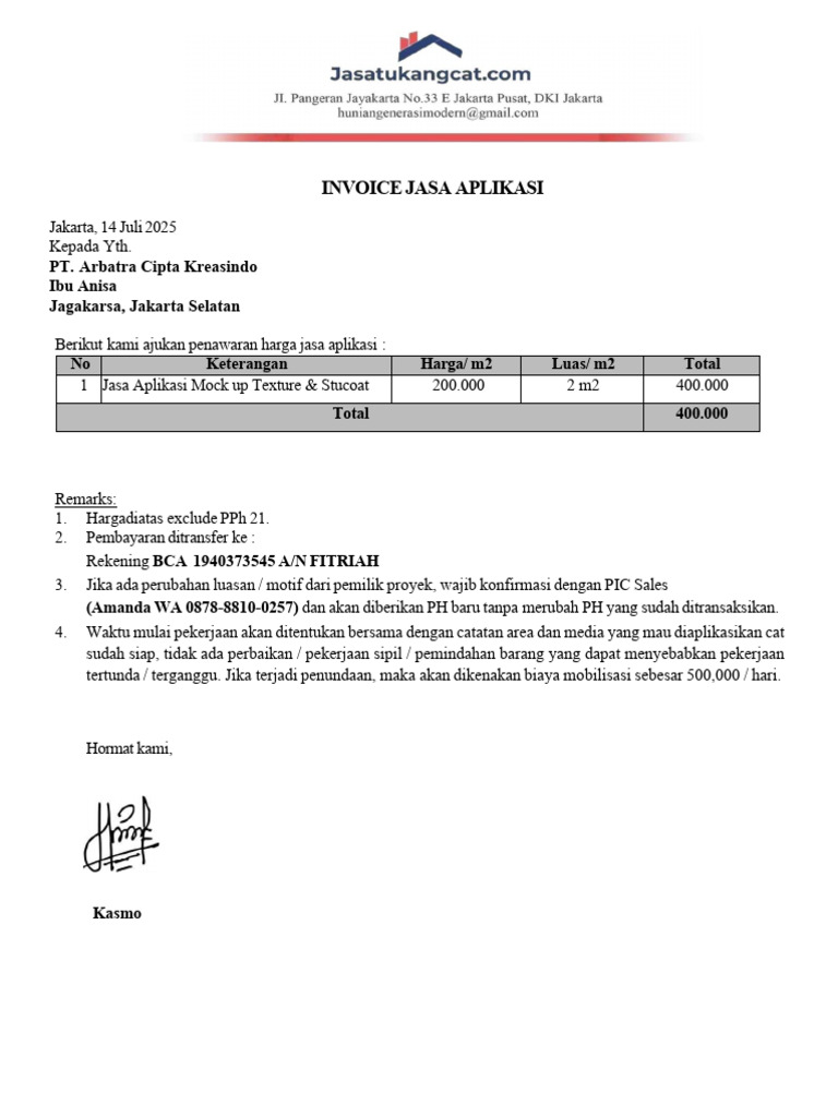 Invoice Jasa PT Arbatra Cipta Kreasindo | PDF