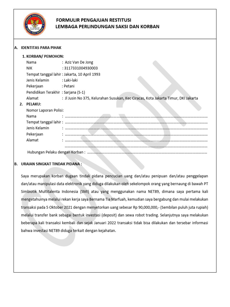 Contoh Pengisian Formulir Pengajuan Restitusi Lpsk - Net89 | PDF