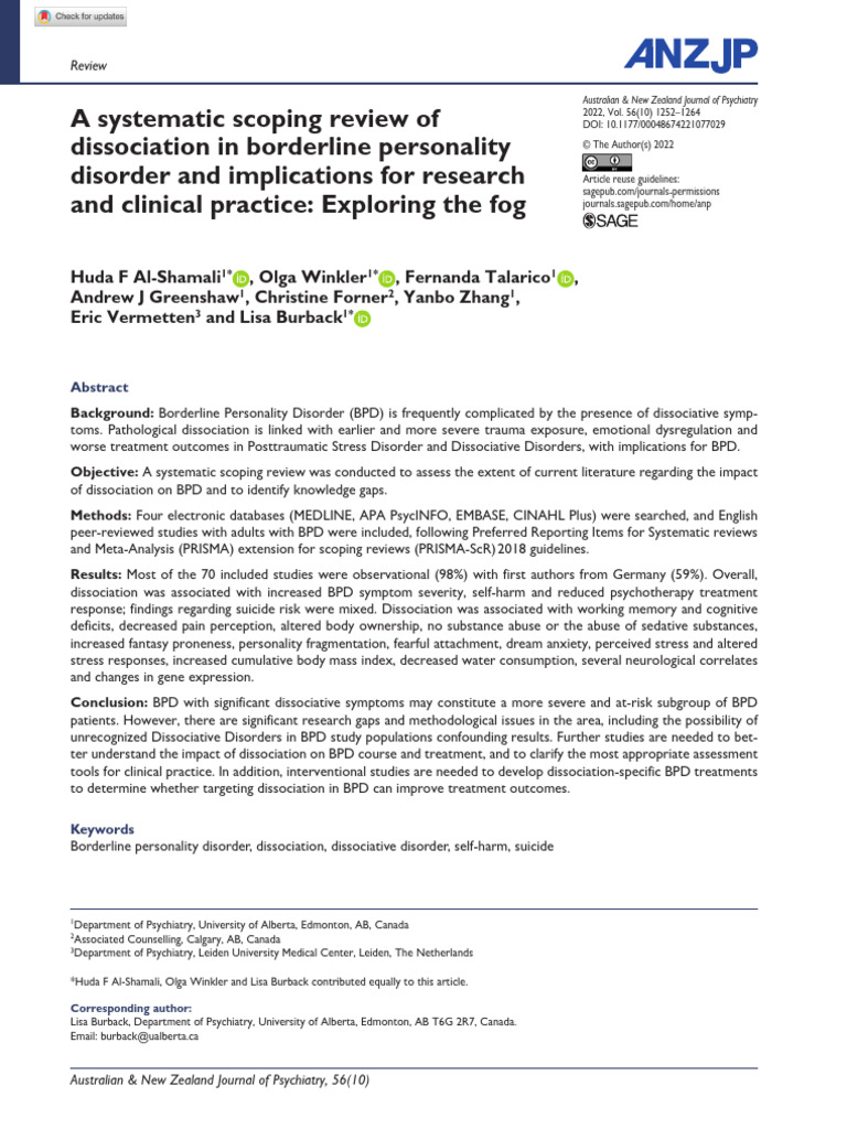 Dissociation in Borderline Personality Disorder | PDF | Borderline ...