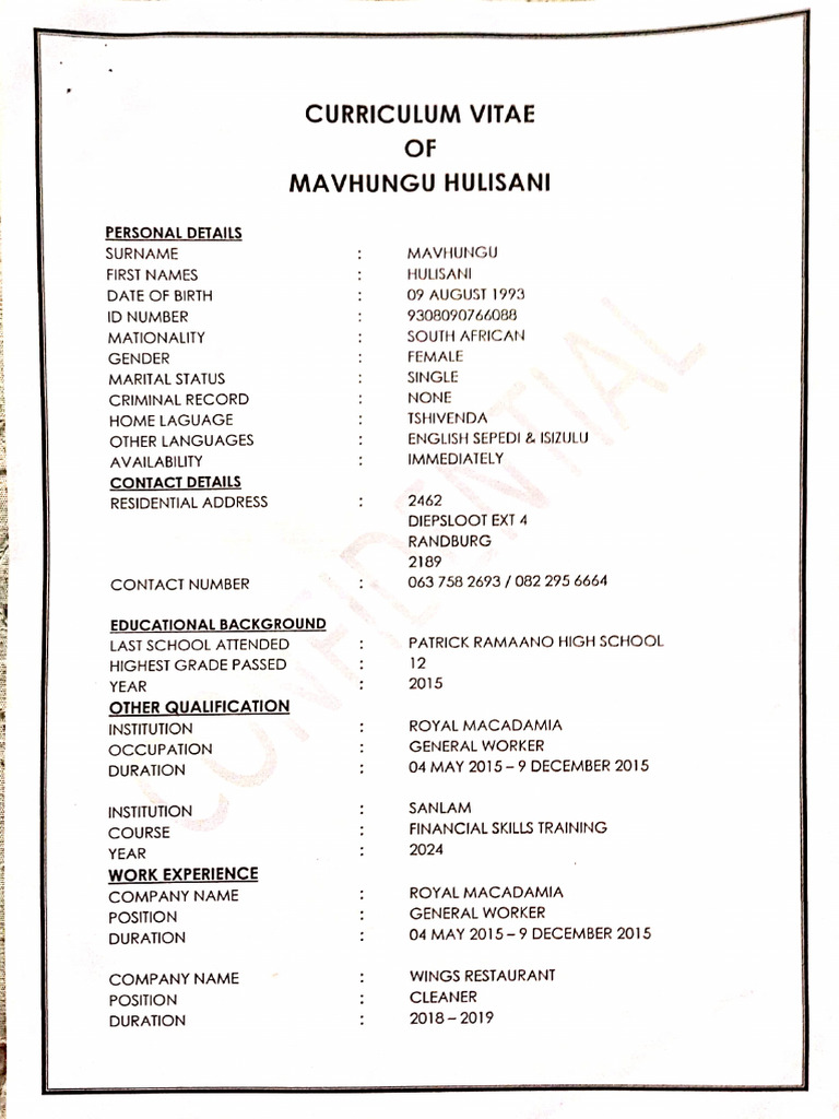 Grade 12 CV | PDF