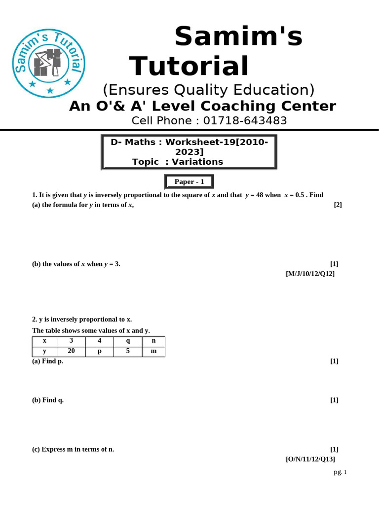 Worksheet 19 Variations (2010 2023) | PDF