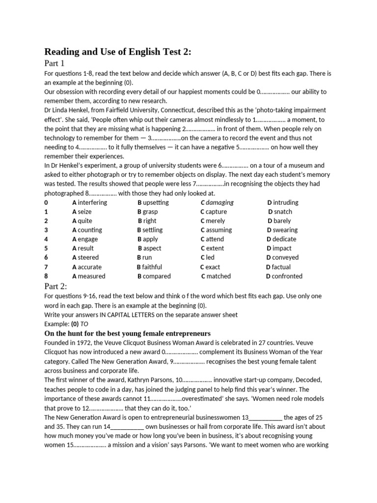 Reading and Use of English Test 2 C1 | PDF | Mental Processes ...