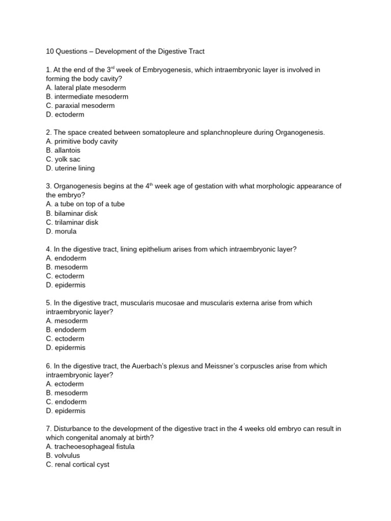 10 Questions - Devt of Digestive Tract | PDF