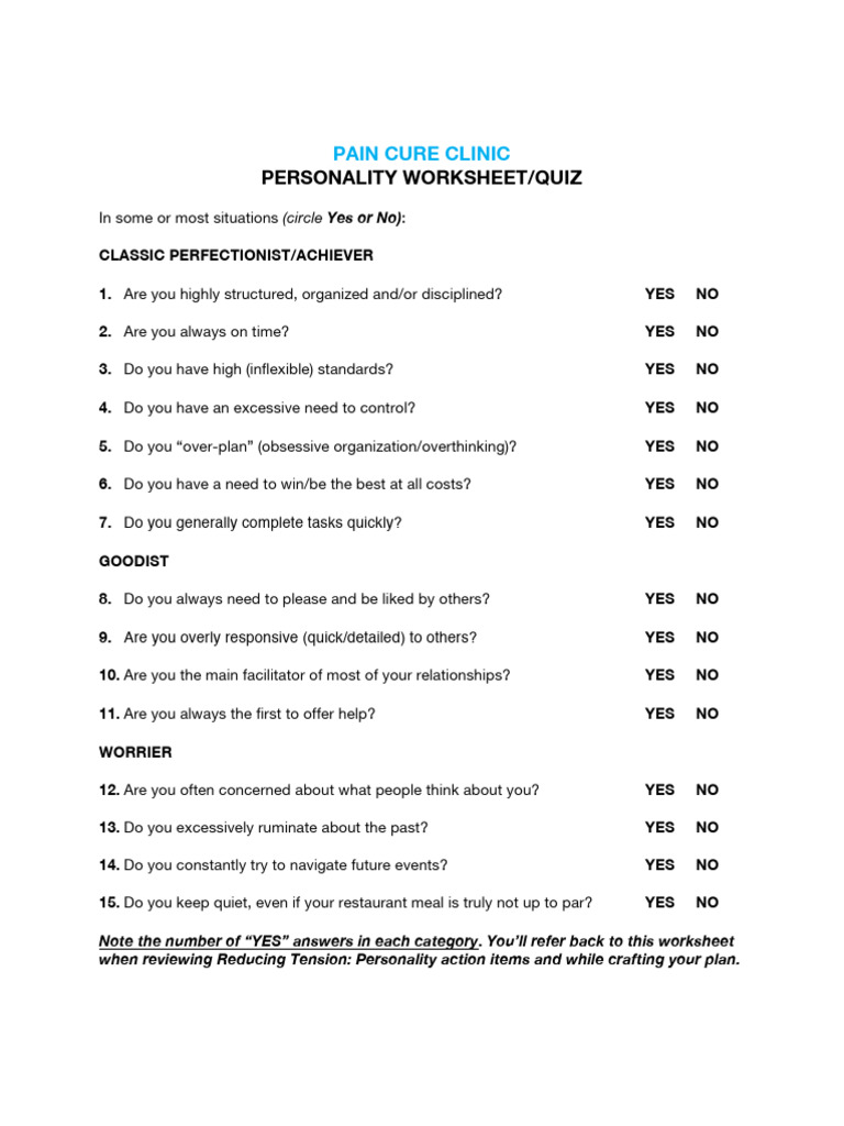 Perfectionist Personality Type Worksheet | PDF