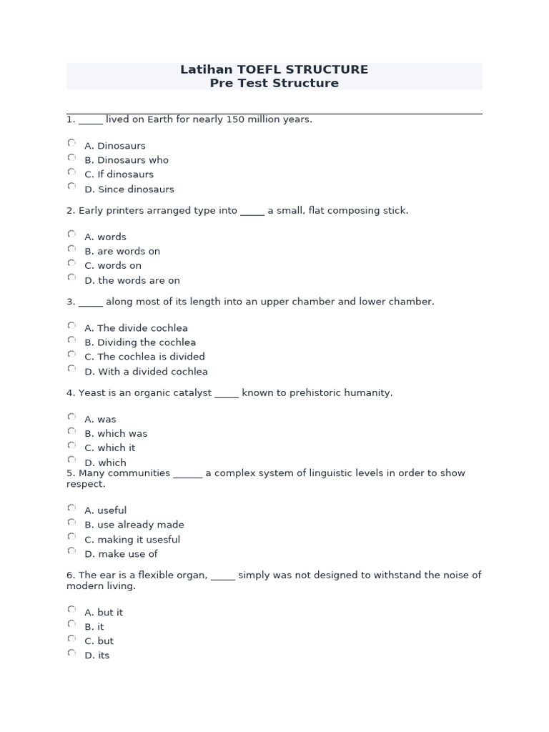 Soal Pre Test Structure | PDF