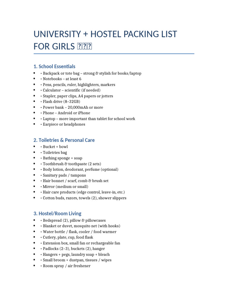 Essential Packing List for Girls' Hostel | PDF