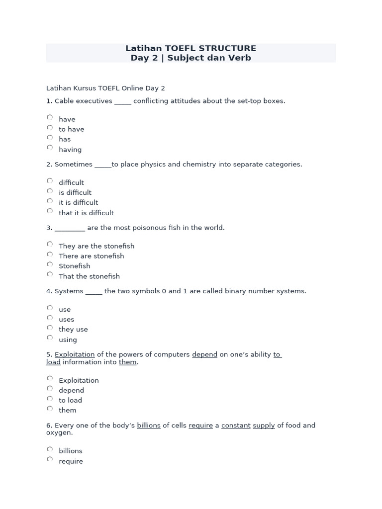 TOEFL Structure Practice: Day 2 | PDF