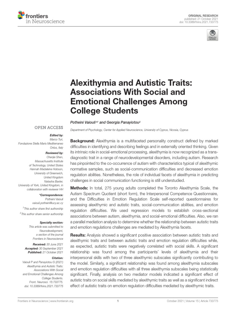 Alexithymia and Autistic Traits Associations With Social and Emotional ...
