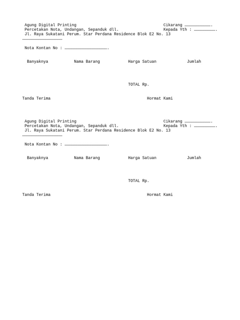 Contoh Nota Percetakan | PDF