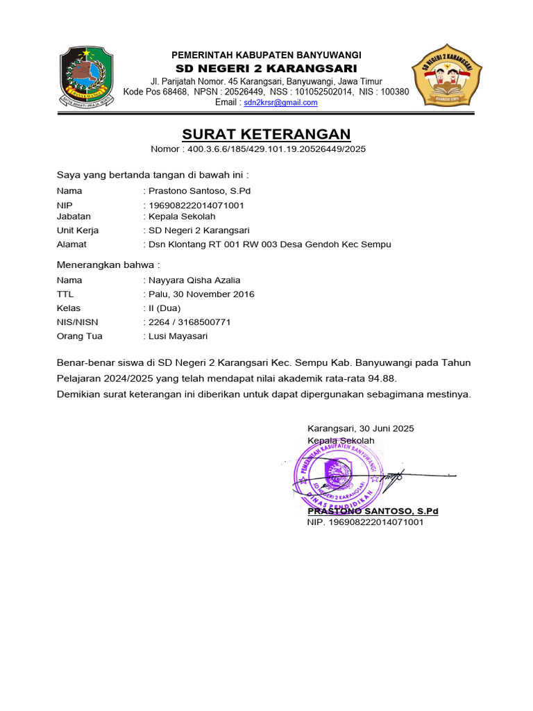 Surat Keterangan Nayyara Nilai Rata-Rata | PDF