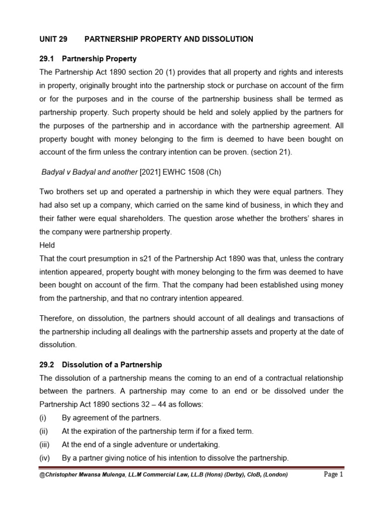 Company Unit 30 Partnership Property and Dissolution | PDF ...