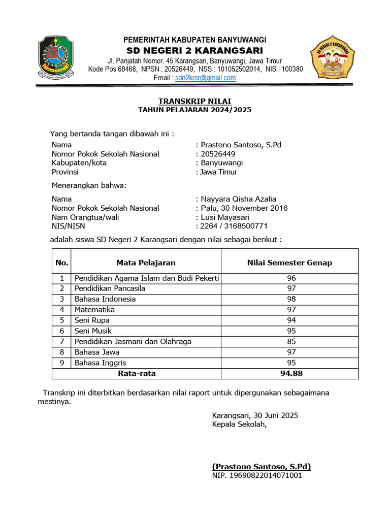 Transkrip Nilai Raport Nayyara No TTD | PDF